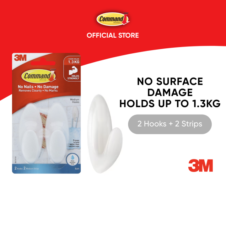 3M™ Command™ Medium Hooks, BATH18, No Surface Damage, Holds Up to 1.3kg ...