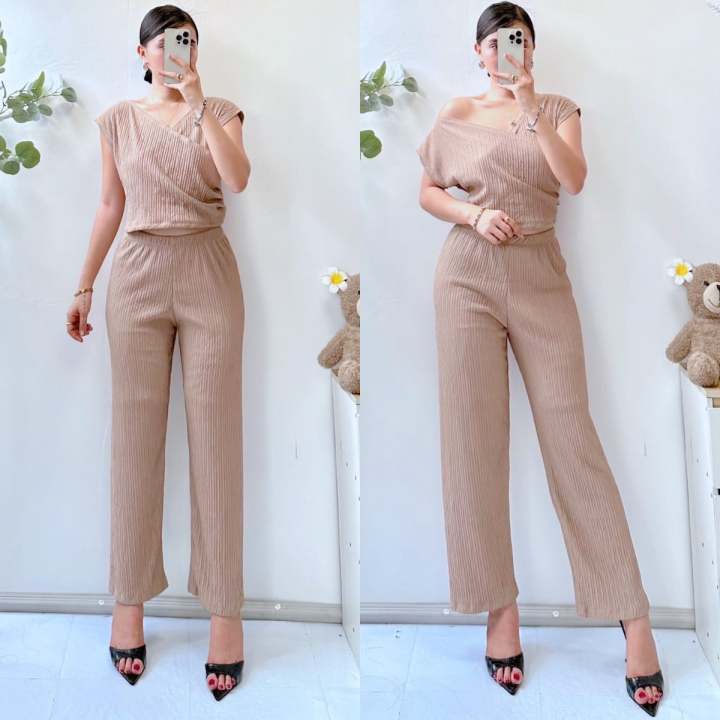 Desiree Casual Cropped top Overlap Bark Crepe Terno Stripes & Plain ...