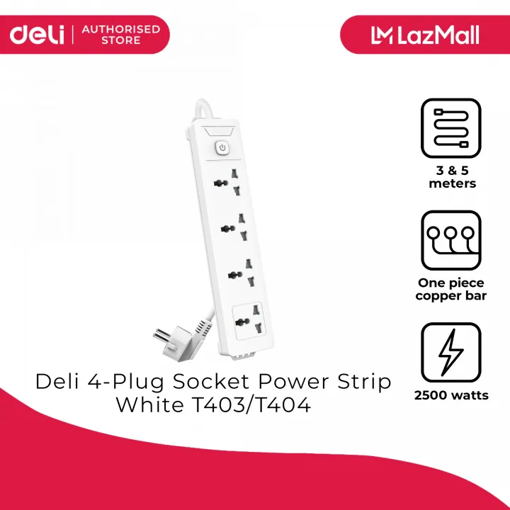 Deli T403/T404 4- Plug Socket Power Strip White | Lazada PH