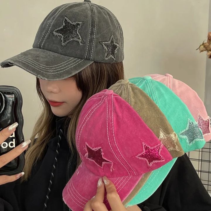 Y2K Five-pointed Star Hats for Women Men Washed Denim Hole Baseball Cap ...