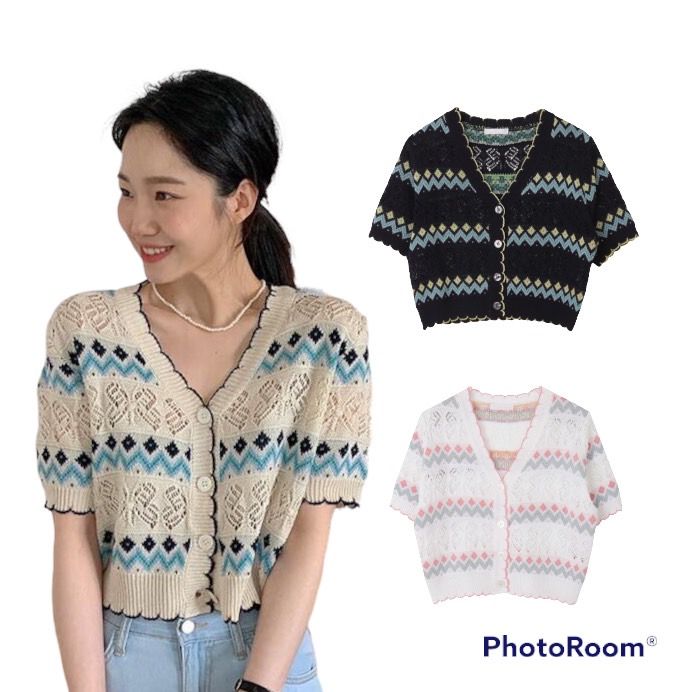 XJXJ.SHOP เสื้ถักคอวีกระดูหน้าลายดอก N338 | Lazada.co.th