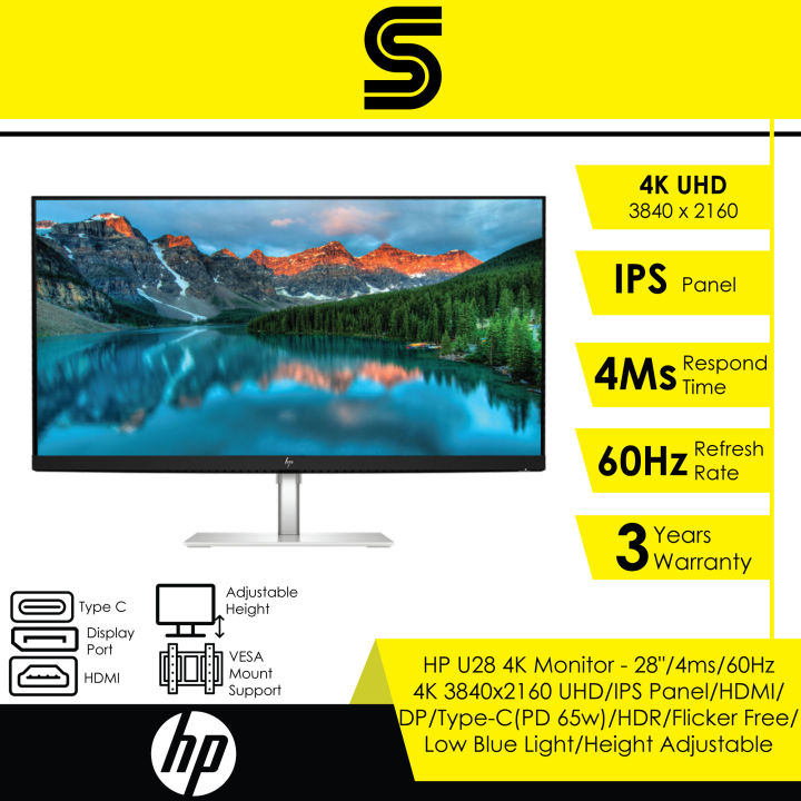HP U28 4K Monitor - 28"/4ms/60Hz/4K 3840x2160 UHD/IPS Panel/HDMI/DP/Type-C(PD 65w)/HDR/Flicker ...