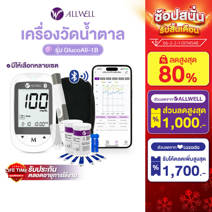 [สินค้าใหม่] ALLWELL เครื่องวัดน้ำตาลในเลือด รับประกันตลอดอายุการใช้งาน GlucoAll-1B มีหลายเซตให้ ...