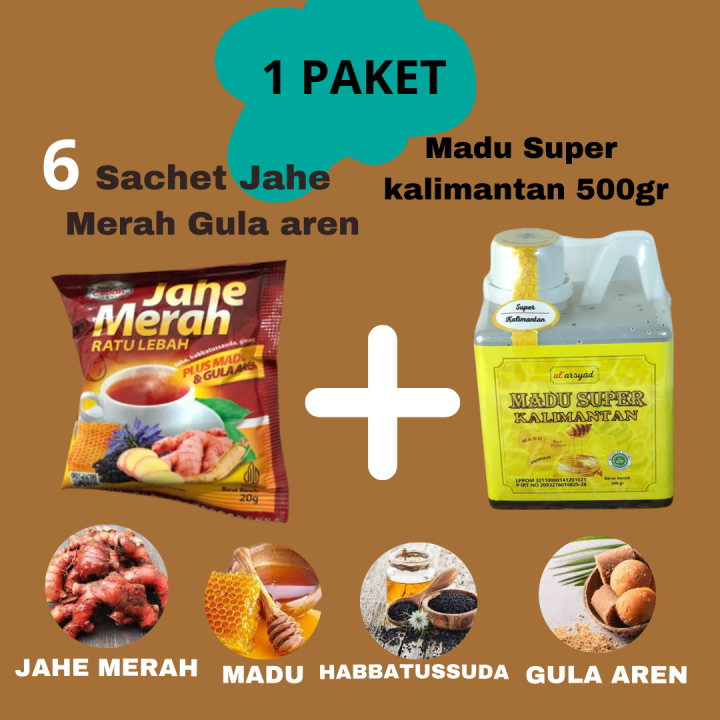 Paketan Madu 500gr & Jahe Merah 6 sachet / Madu Super kalimantan & jahe ...