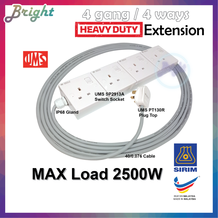 4 ways/gang HEAVY DUTY extension socket 2500W SIRIM | Lazada