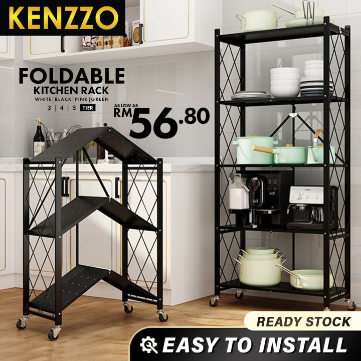 KENZZO :3/4/5 Tiers Kitchen Rack Shelf Foldable Storage Rack With Wheel ...