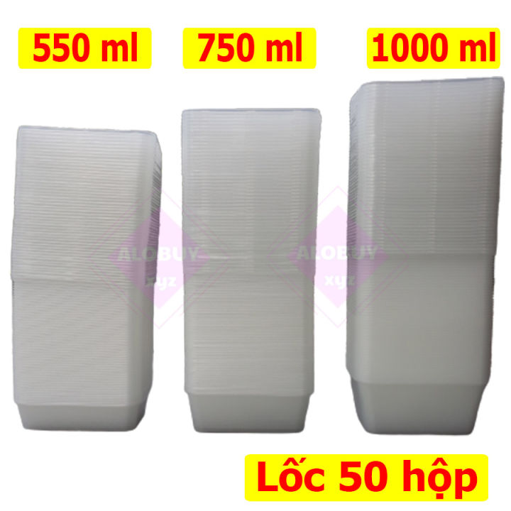 Lốc 50 hộp nhựa đựng thực phẩm chữ nhật có nắp Microwave trong suốt dung tích 550ml 750ml 1000ml ...