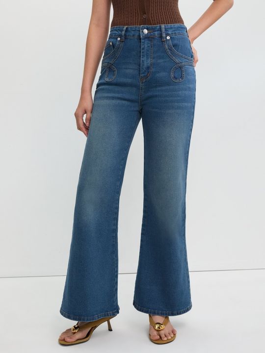 [Pomelo] กางเกงยีนส์ขากว้างเอวกลาง / Mid | Lazada.co.th