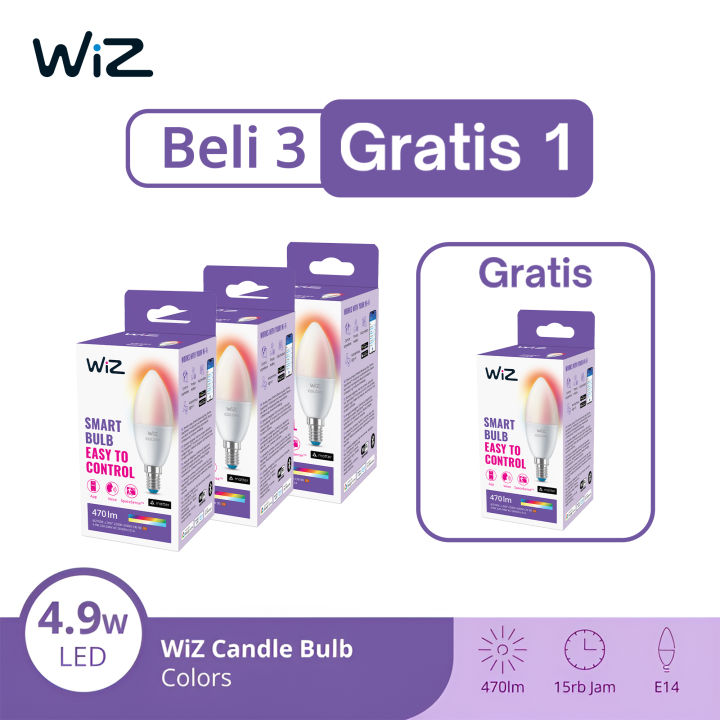 WiZ Paket Lampu Smart WiFi Candle Bulb LED 4.9W E14 Beli 3 Gratis 1 ...