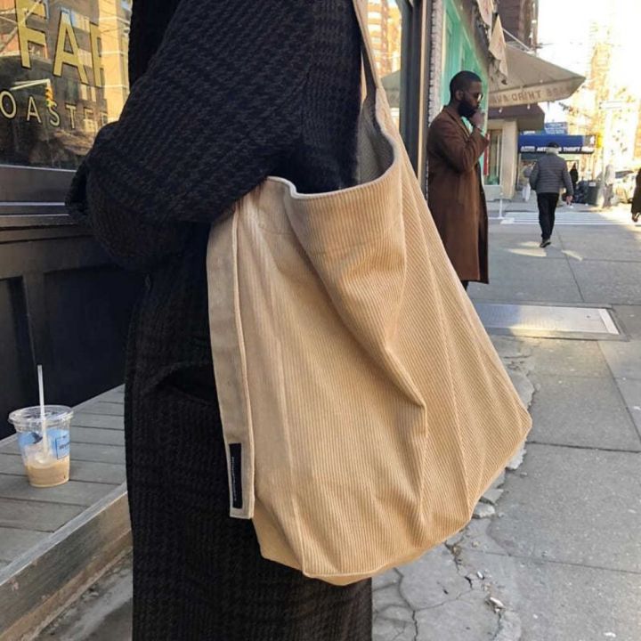 WPOT จุได้มาก กระเป๋าสะพายผ้าลูกฟูก สไตล์เกาหลีแบบ ผ้าคอตตอน กระเป๋า ...