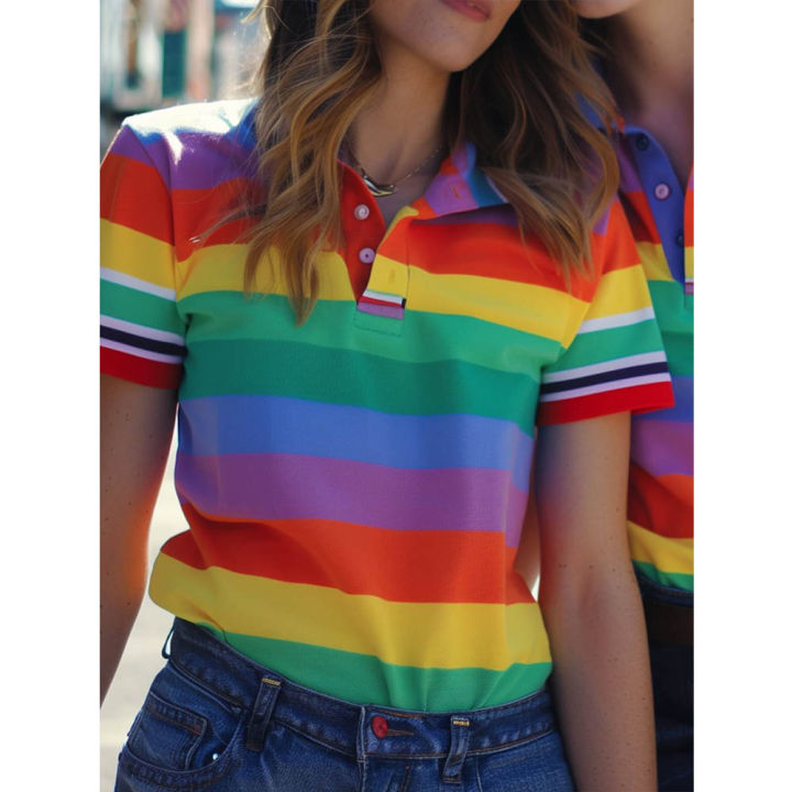 LGBTQ เสื้อโปโลผู้หญิงสายรุ้งรูปแบบเสื้อแขนสั้นฤดูร้อนแฟชั่นชุดลำลอง ...