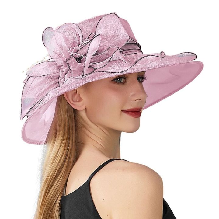 MILDGLOW Organza Women Derby Hat Wide Brim Solid Color Flowers Bridal ...