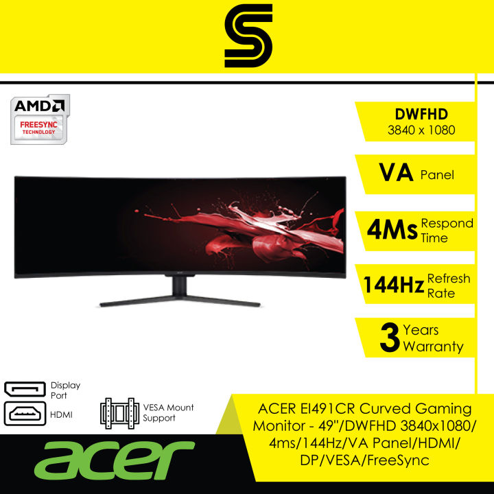 ACER Gaming EI491CR Curved Monitor 49.0"/4ms/DWFHD 3840x1080/144Hz/VA ...