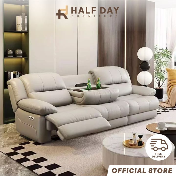 Pre-order [Halfday]– Gray Leather Reclining Sectional Sofa | Dual ...