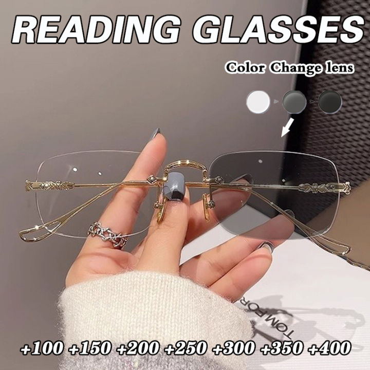 3 in 1 Photochromic Anti Radiation Reading glasses Rimless Eyeglasses ...