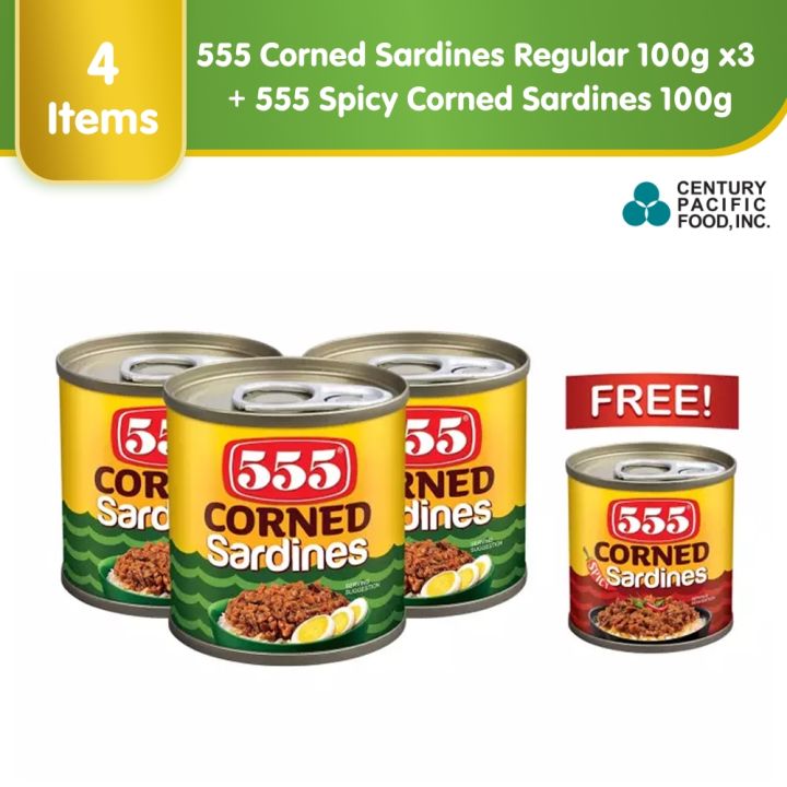 555 Corned Sardines Regular 100g x3 + 555 Spicy Corned Sardines 100g ...