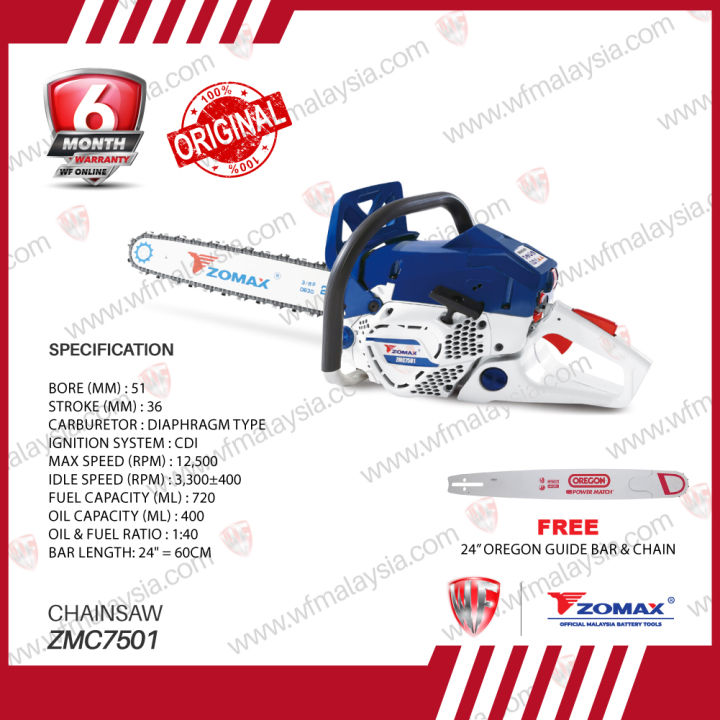 ZOMAX ZMC7501 Chainsaw c/w 24" Oregon Guide Bar & Chain (6 Months ...