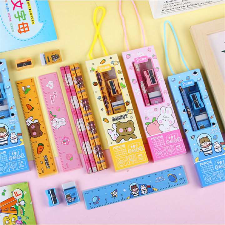 【Local delivery】5Pcs/Pack Cute Cartoon Pencil Set With Ruler Eraser ...