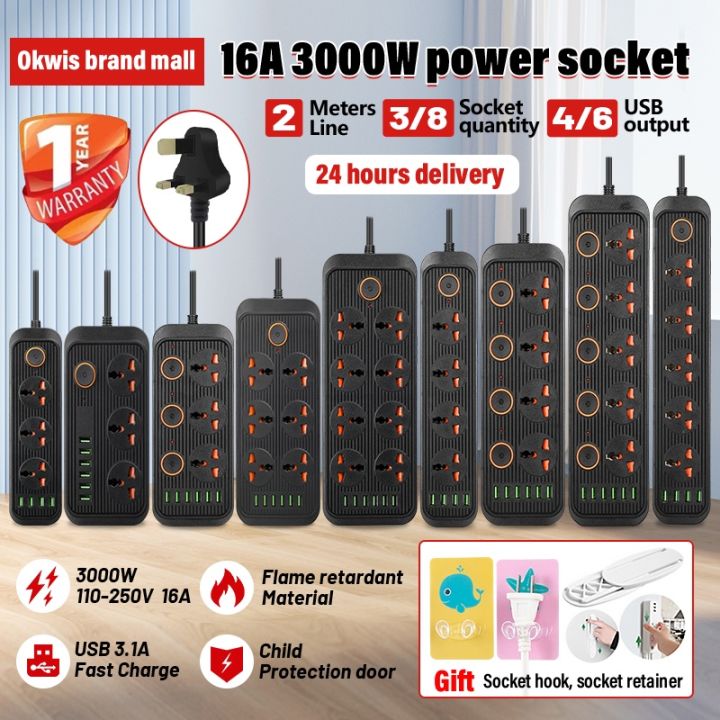 UK Plug Universal Power Socket 3/8 Power Extension Socket With USB FAST ...