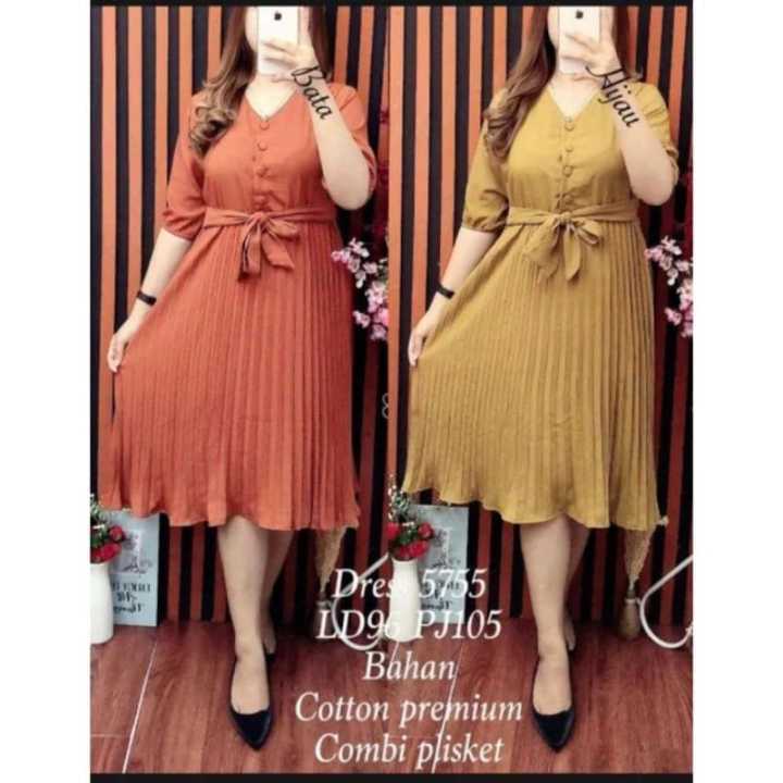 MIDI DRESS PLISKET Dress Midi Kombinasi Plisket Remple Bahan Katun ...