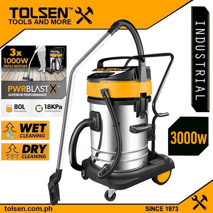 Tolsen Industrial Grade Stainless Wet & Dry Vacuum Cleaner (80Liters Triple Motor 3000W) Pure ...