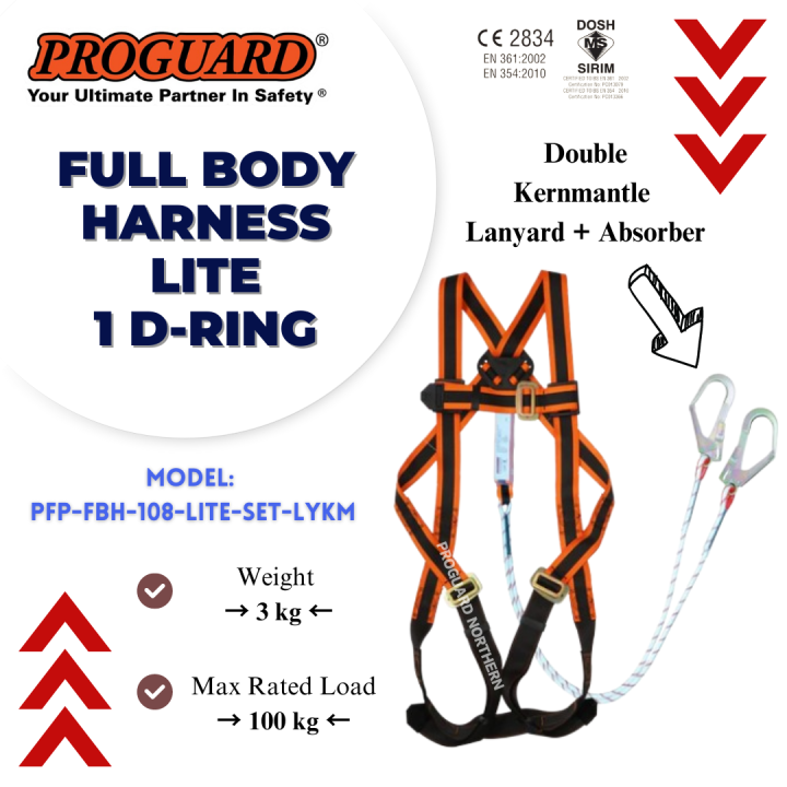 1 D-Ring Full Body Harness - 1.8m Double Kernmantle Lanyard & Absorber ...