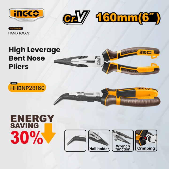 Ingco Cr-V Standard And High Leverage Bent Nose Pliers 6" -8" Inch ...