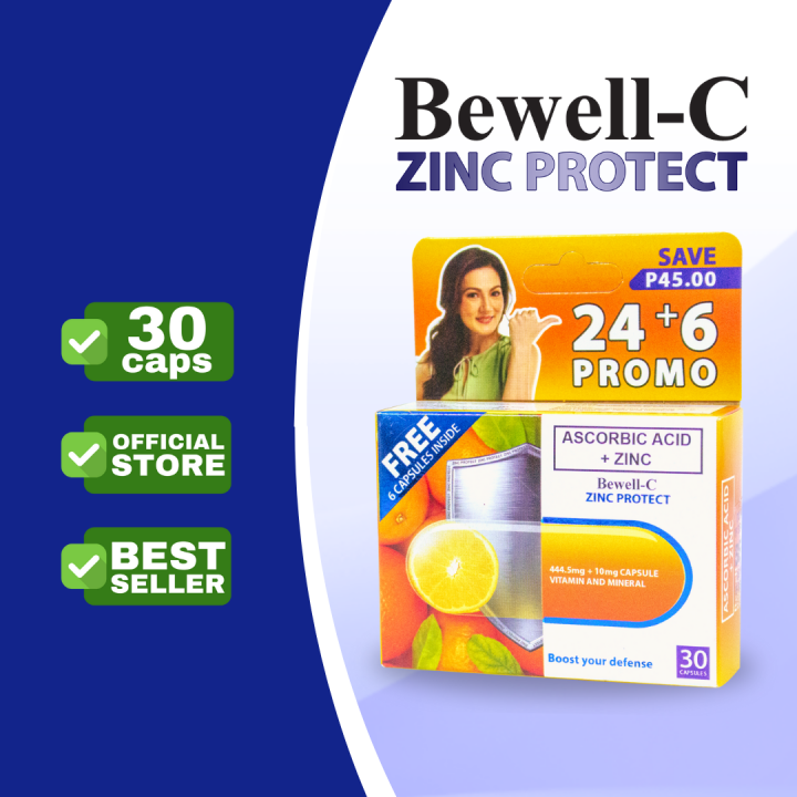 Bewell-C Zinc Protect Ascorbic Acid plus Zinc 500mg/capsule, 24+6 Promo ...