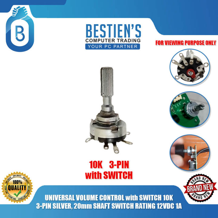 UNIVERSAL VOLUME CONTROL with SWITCH 10K 3-PIN SILVER, 20mm SHAFT ...