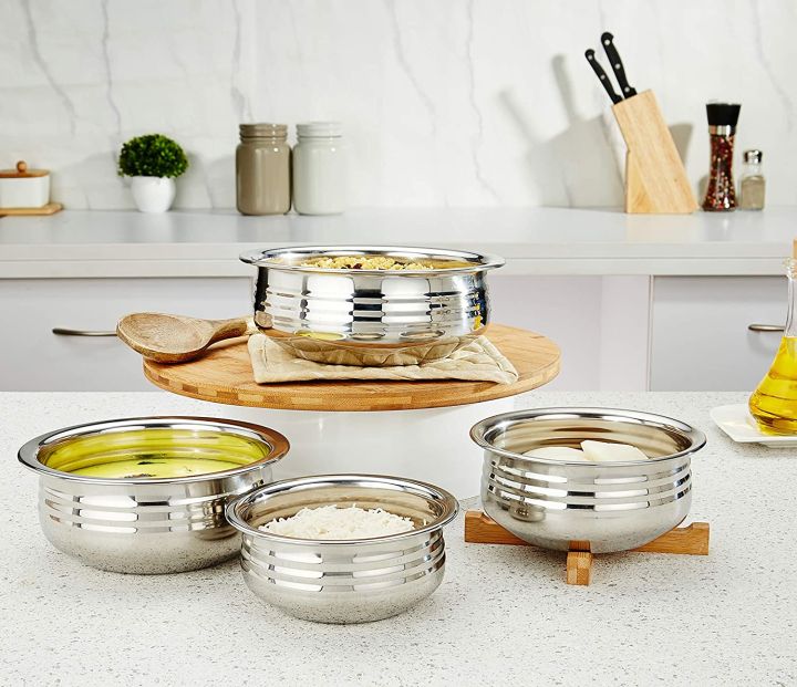 S.Steel/H.A Uruli Handi Gravy/Kadai/Pot Container Cook&Serve Set with ...