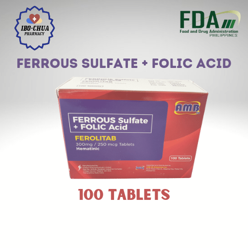 Ferrous Sulfate + Folic Acid 300mg/250mcg (Ferolitab)- 100 tablets ...