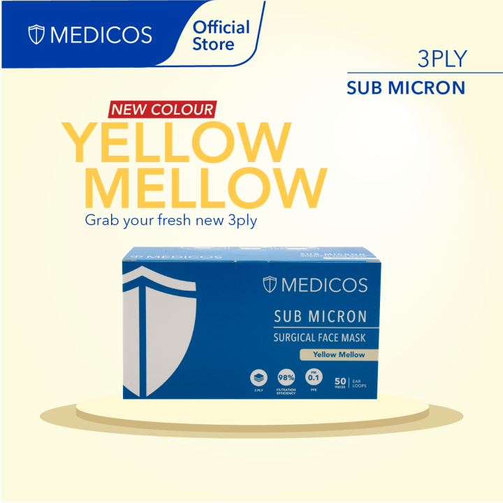 MEDICOS 3ply Sub Micron Surgical Face Mask (Yellow Mellow) - 1 Box | Lazada