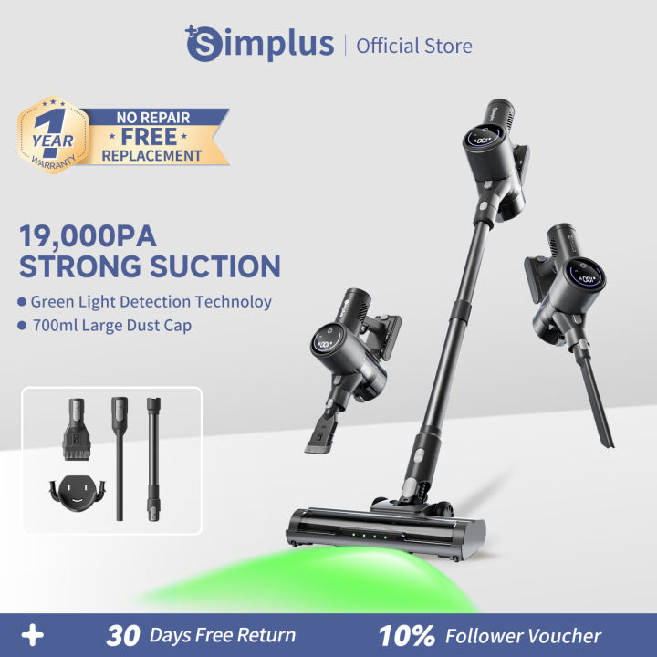 Simplus Vacuum Cleaner Cordless, 19,000Pa Suction Power, Green Light Dust Reveal, 700ml Dust Cup ...