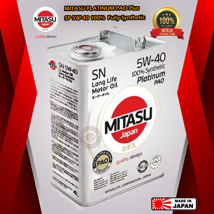 MITASU PLATINUM PAO Plus SP 5W-40 100% Fully Synthetic Engine Oil 4L ...