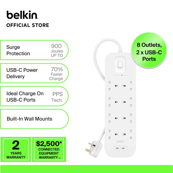 Belkin SRB004af2M-REV Connect Surge Protector with 2 USB-C Ports 2M ...
