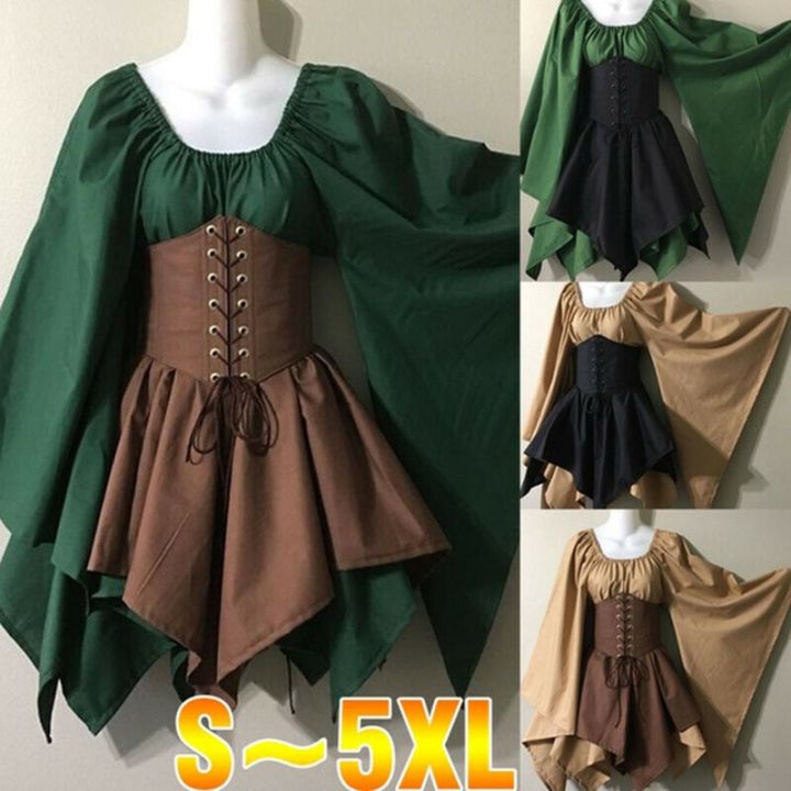 Plus Size Medieval Women Woodland Elf Fairy Dress Corset Set Top Skirts ...