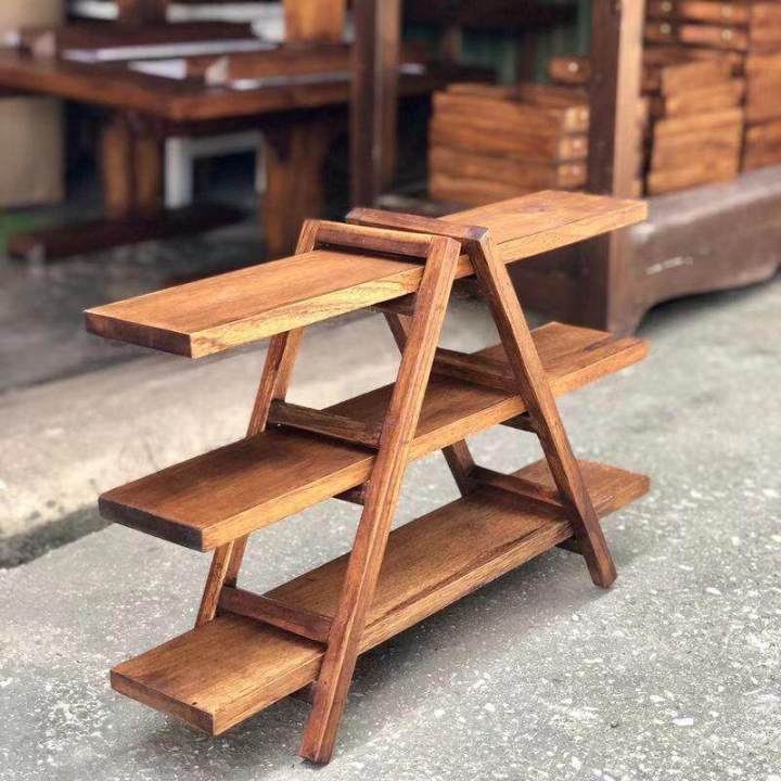 Teak 3-layer Bookshelf Storage Rack Bookcase Ladder Rack Home Office X ...