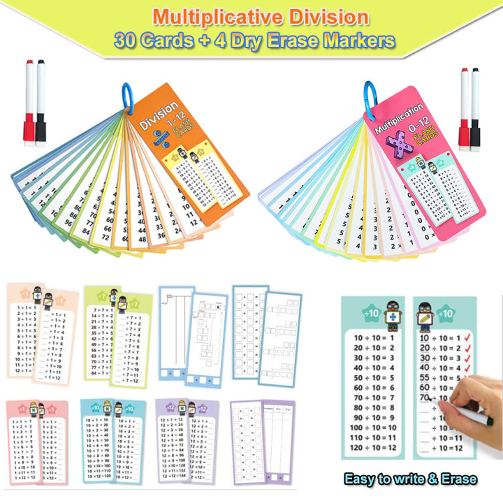 30 Cards with 4PCS Dry Erase Markers Multiplicative Division Practice ...