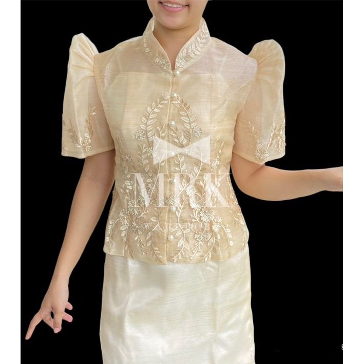 Organza Modern Filipiniana Top Chinese Collar with 3D Lace | Lazada PH