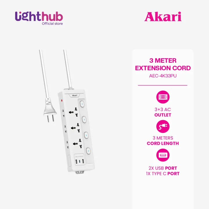 Akari Extension Cord - 3 Meter (3+3 AC outlets with Individual Switches ...