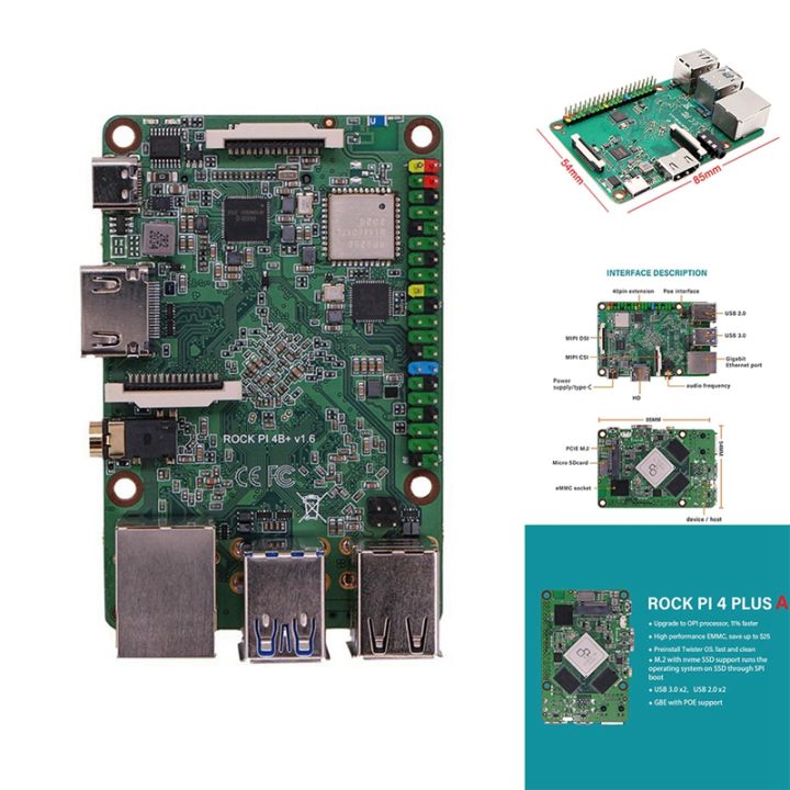 Rock Pi 4 Plus Model a Development Board Rockchip RK3399 Six Core LPDDR4+EMMC Without WiFi ...