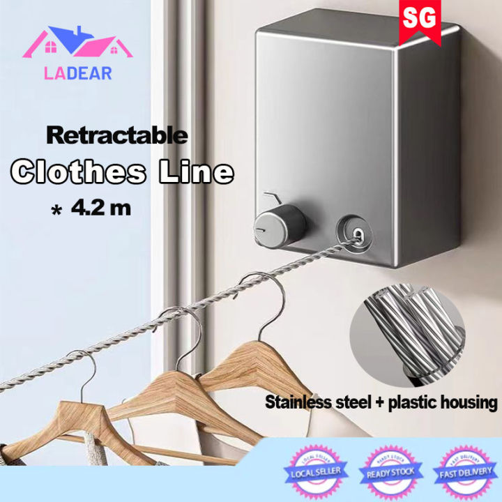 {SG} 4.2M Retractable Clothesline Wall-mounted Indoor Outdoor Washing ...