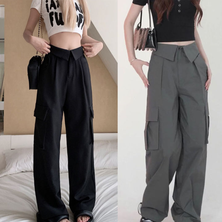 luna shop🌻อเมริกันตรงกางเกงคาร์โก้ผู้หญิงเอวสูงหลวมกางเกงขากว้างกางเกง ...