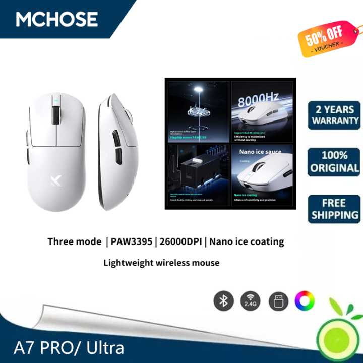 MCHOSE A7 high-order lightweight three mode wireless game mouse, dual 8K, PAW3395, ergonomic ...
