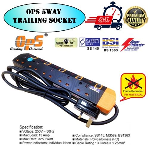 Ops 5way Heavy Duty Extension Socket 5 Gang Trailing Socket 5 Way Extension Trailing Socket