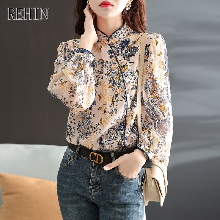 REHIN Women's top Printed long-sleeved shirt new spring and summer ...