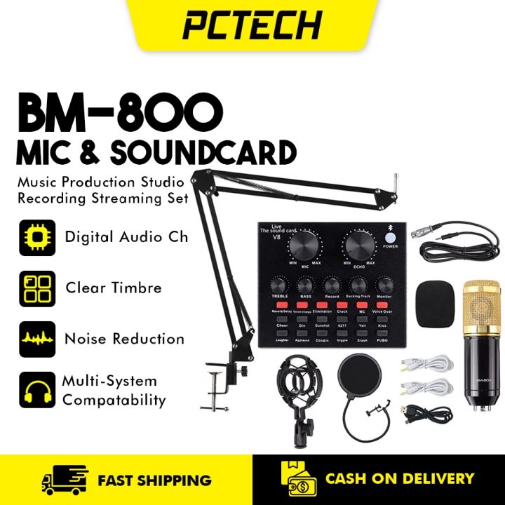 Popcorn BM-800 Condenser Microphone Set with V8 Sound Card for Studio Recording Streaming Gaming ...