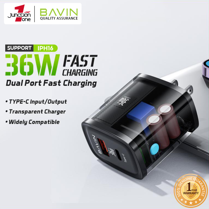 BAVIN PC869 Fast Charging 36W Dual USB & PD Port with Adapter Supports Laptop Charging ...