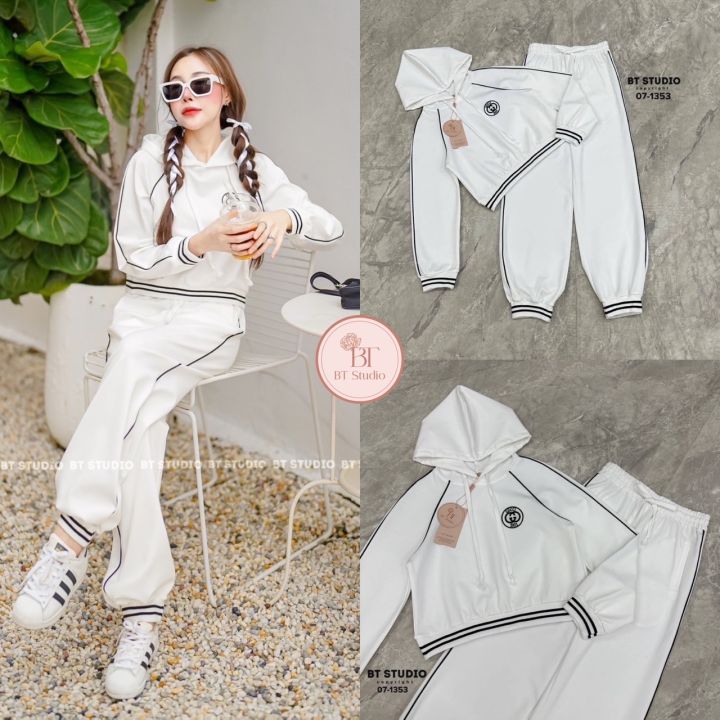 งานป้าย BT-Studio set 2ชิ้นเสื้อจั้มเปอร์แขนยาวแต่งฮูดแต่งขอบ แมทซ์กับกางเกงขายาวเอวสม๊อคผูก ...