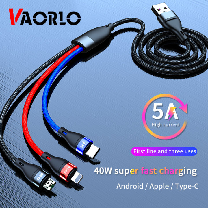 VAORLO 3 IN 1 USB Cable 5A Fast Charging Micro USB Lightning Type C ...